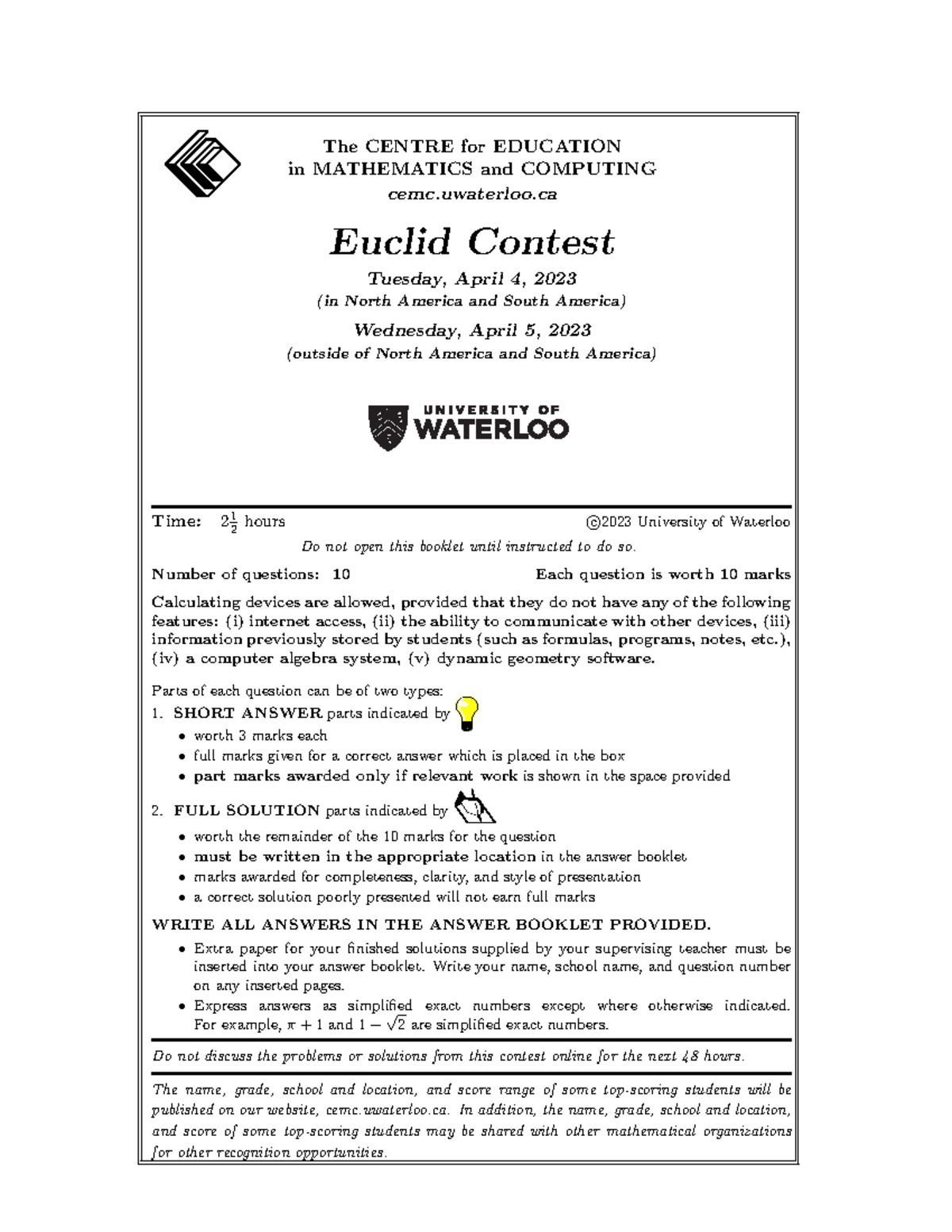 Euclid 1 - Hope it helps prepare for contest math - The CENTRE for ...