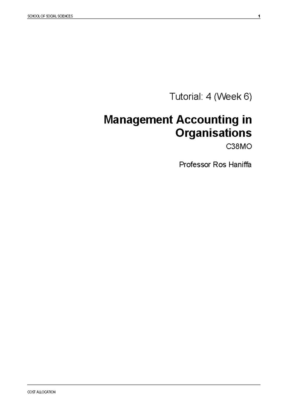 Tutorial 4(1) - Tutorial: 4 (Week 6) Management Accounting in ...