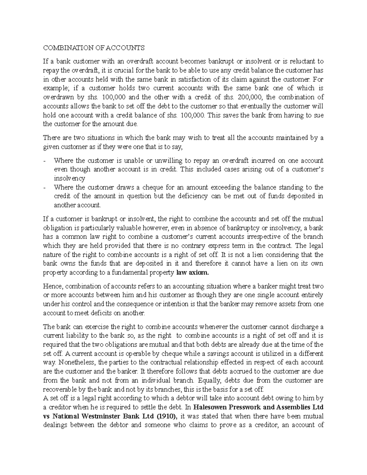 Combination OF Accounts - COMBINATION OF ACCOUNTS If a bank customer ...