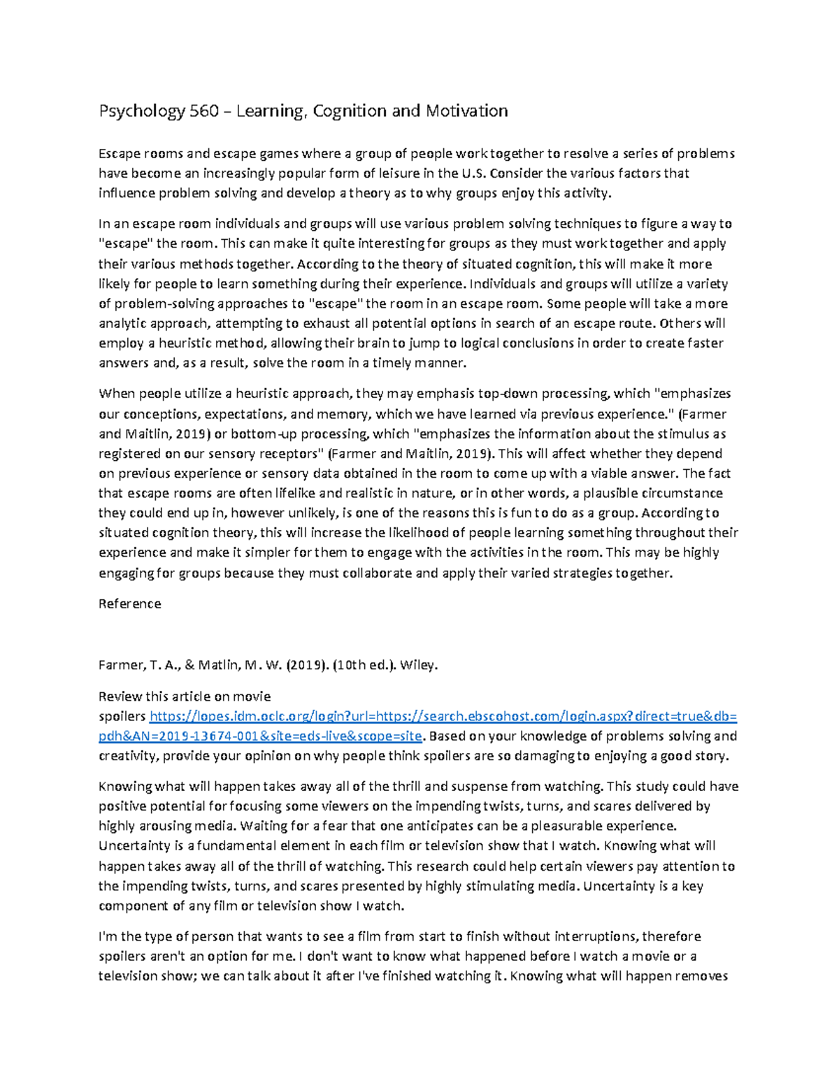 560 class questions 7 and 8 week - Psychology 560 – Learning, Cognition ...