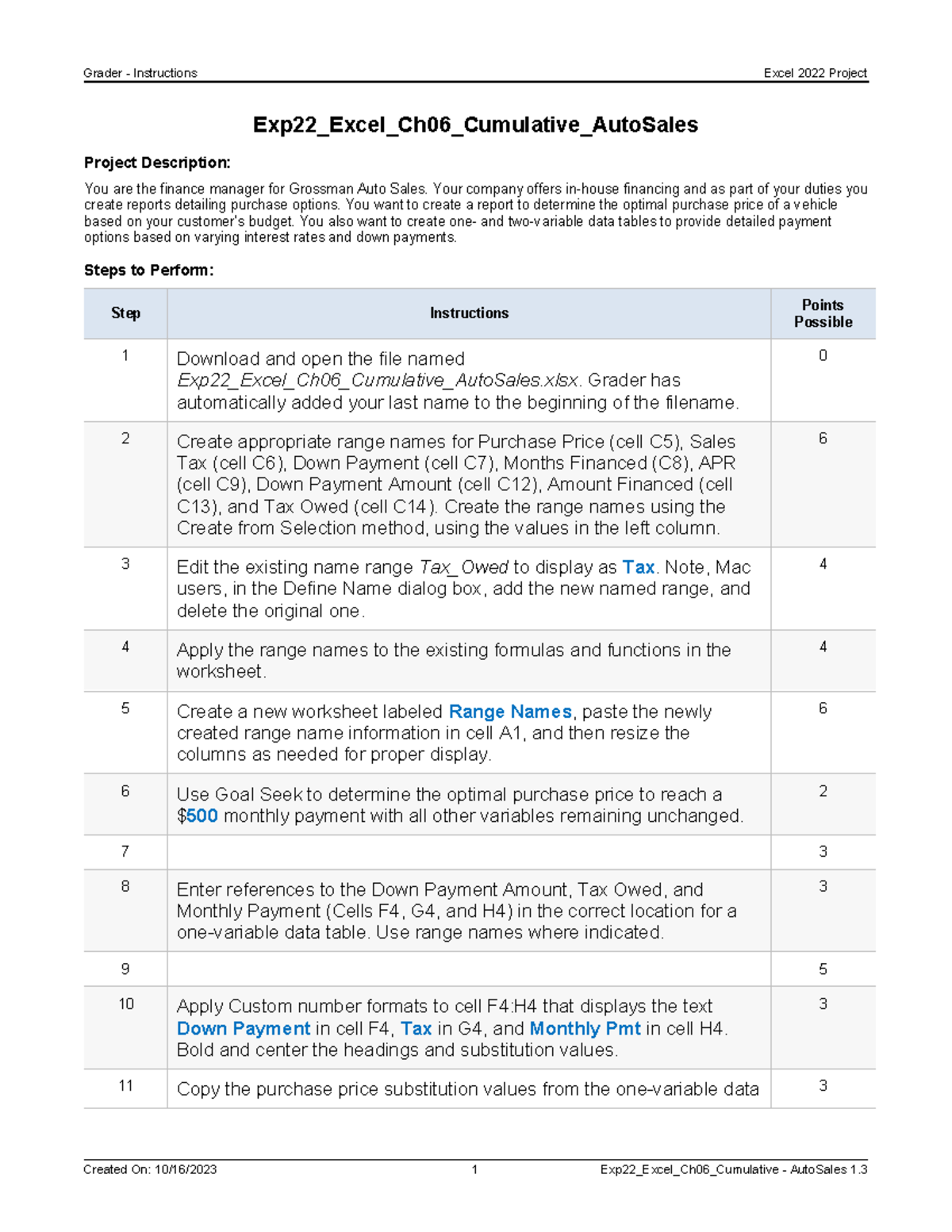 Exp22 Excel Ch06 Cumulative Auto Sales Instructions - Grader - Instructions Excel 2022 Project ...