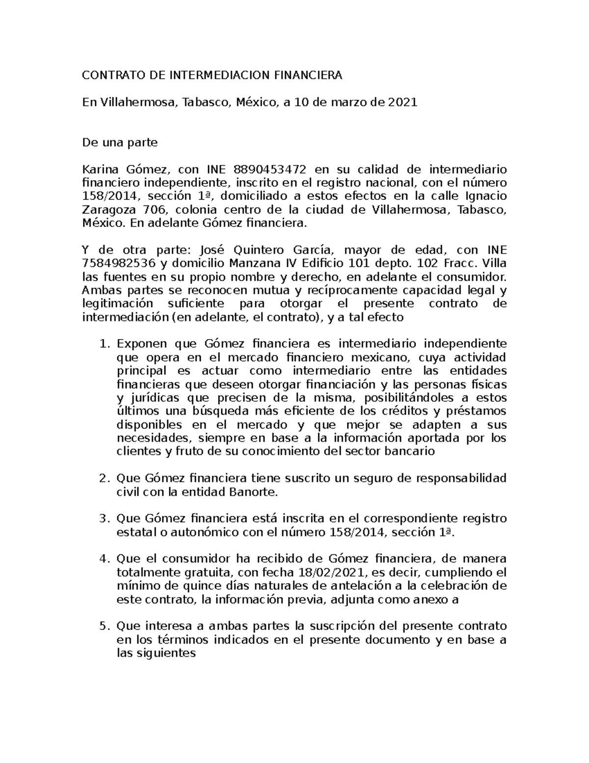 Contrato DE Intermediacion Financiera - Derecho Economico - Studocu