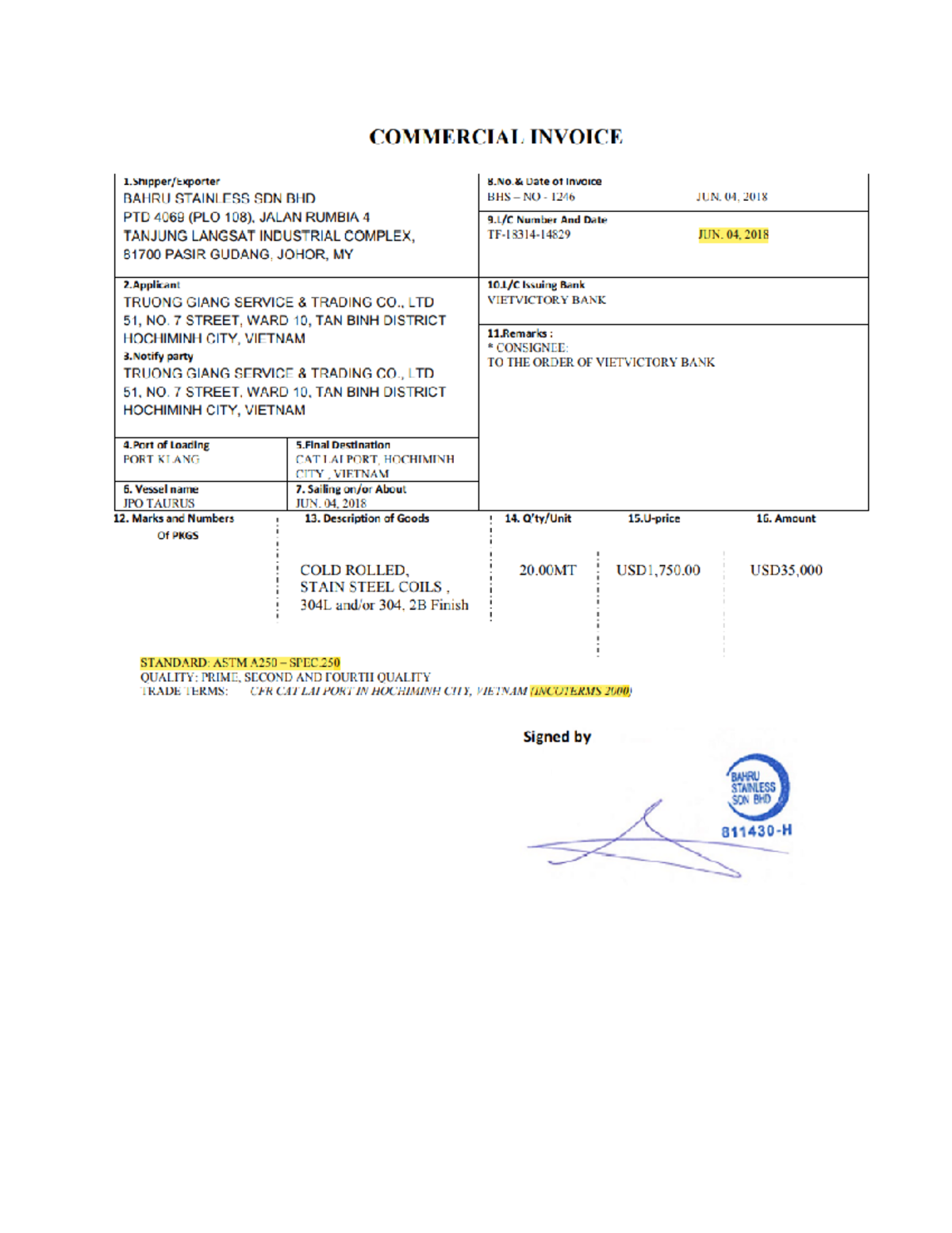 Commercial Invoice - L/C Number And Date Không sai số L/C (Chỉ sai ngày ...
