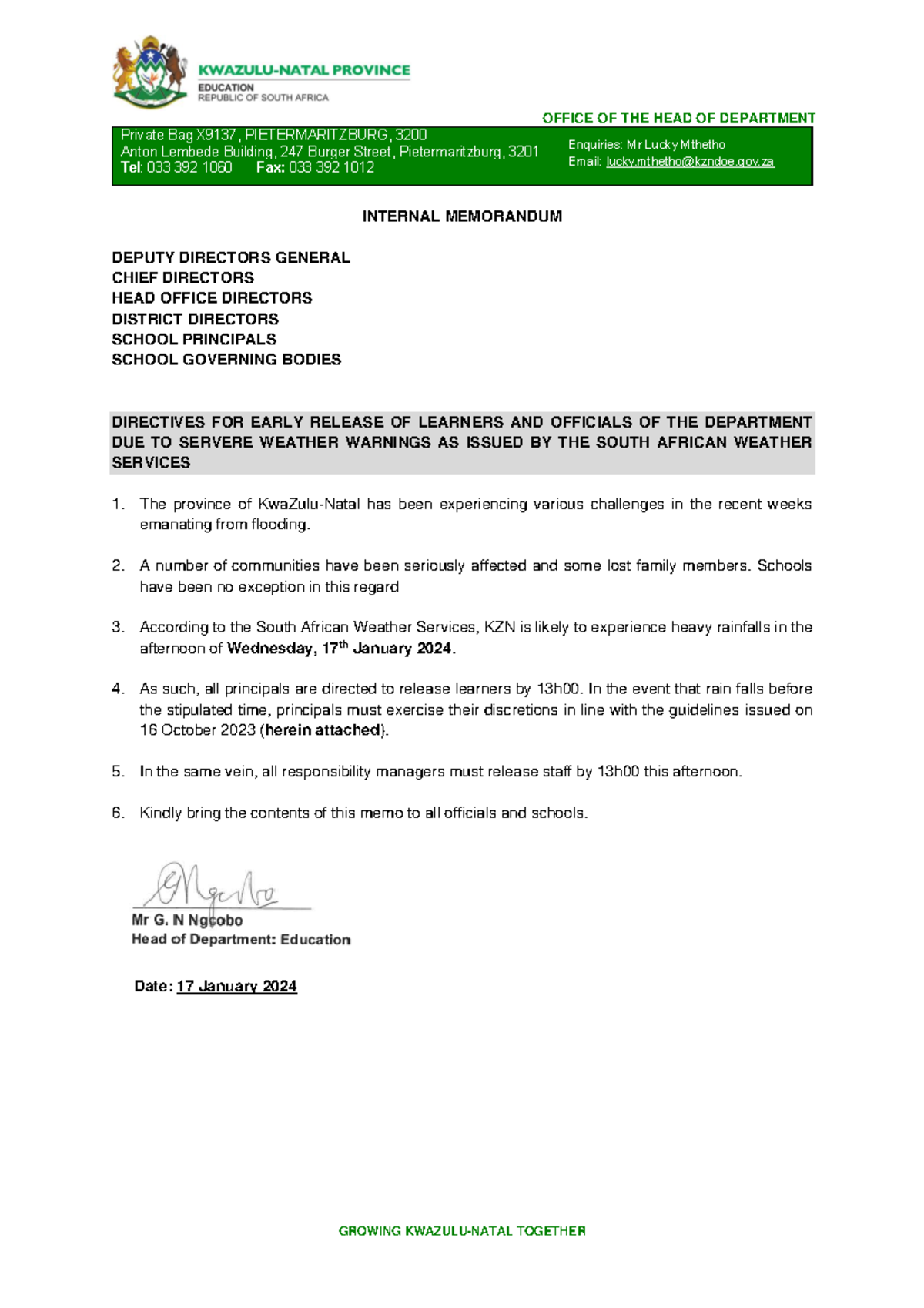 Memorandum for Early Release of Learners and Officials - OFFICE OF THE ...
