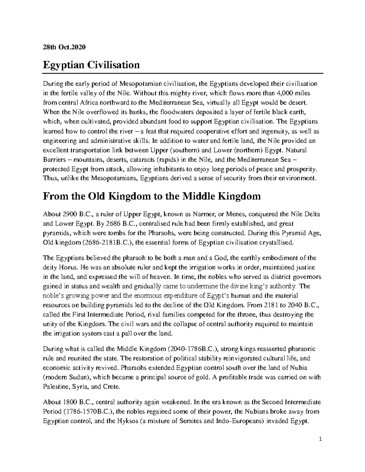 Egyptian Civilisation - 28th Oct. Egyptian Civilisation During the ...