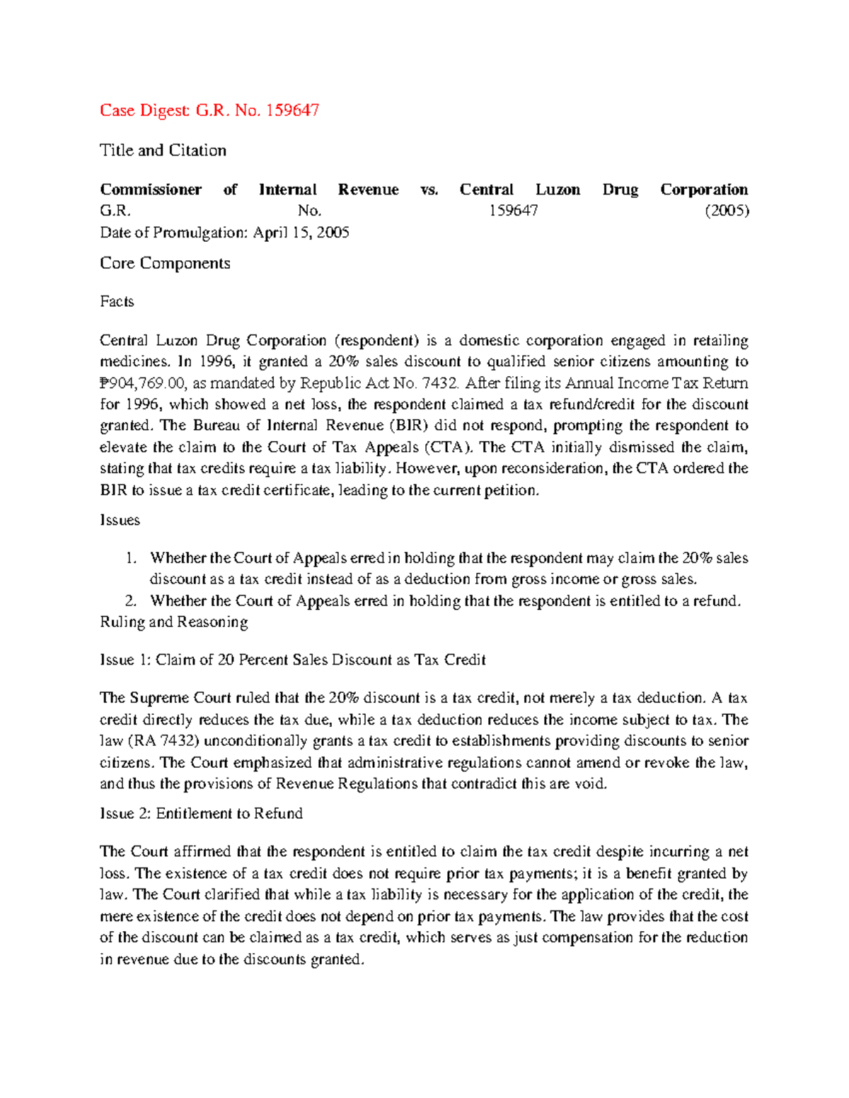 Taxation law case digest - Case Digest: G. No. 159647 Title and ...