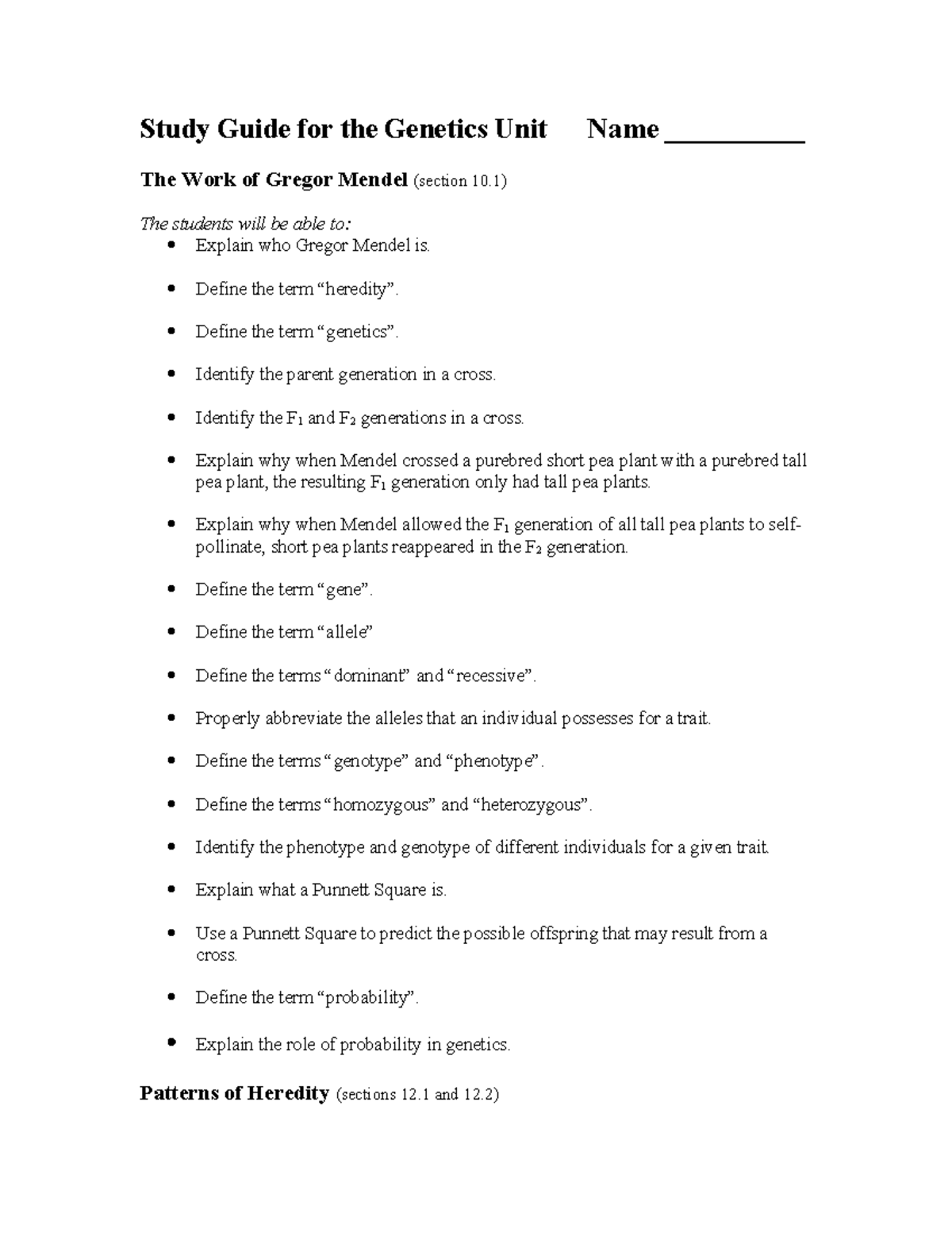 Study Guide for the Genetics Unit with answers attached - Study Guide ...