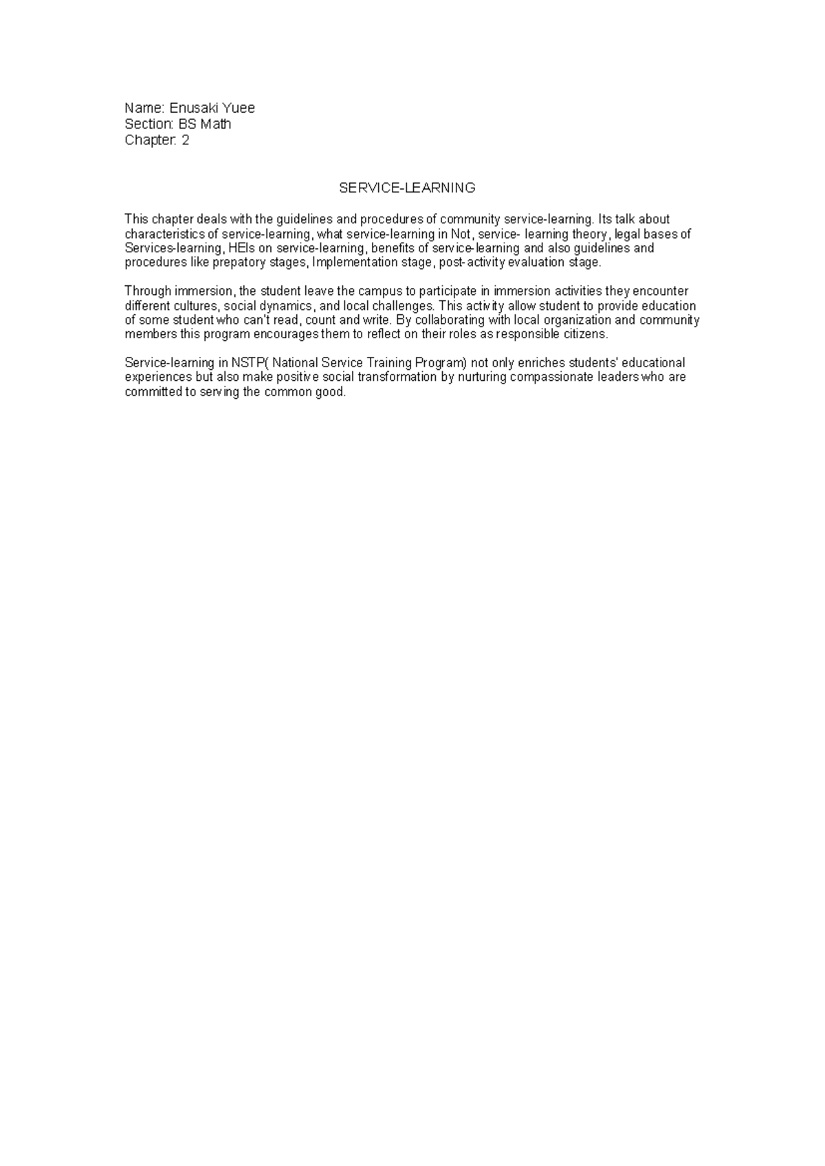 Chapter 2 - Name: Enusaki Yuee Section: BS Math Chapter: 2 SERVICE ...