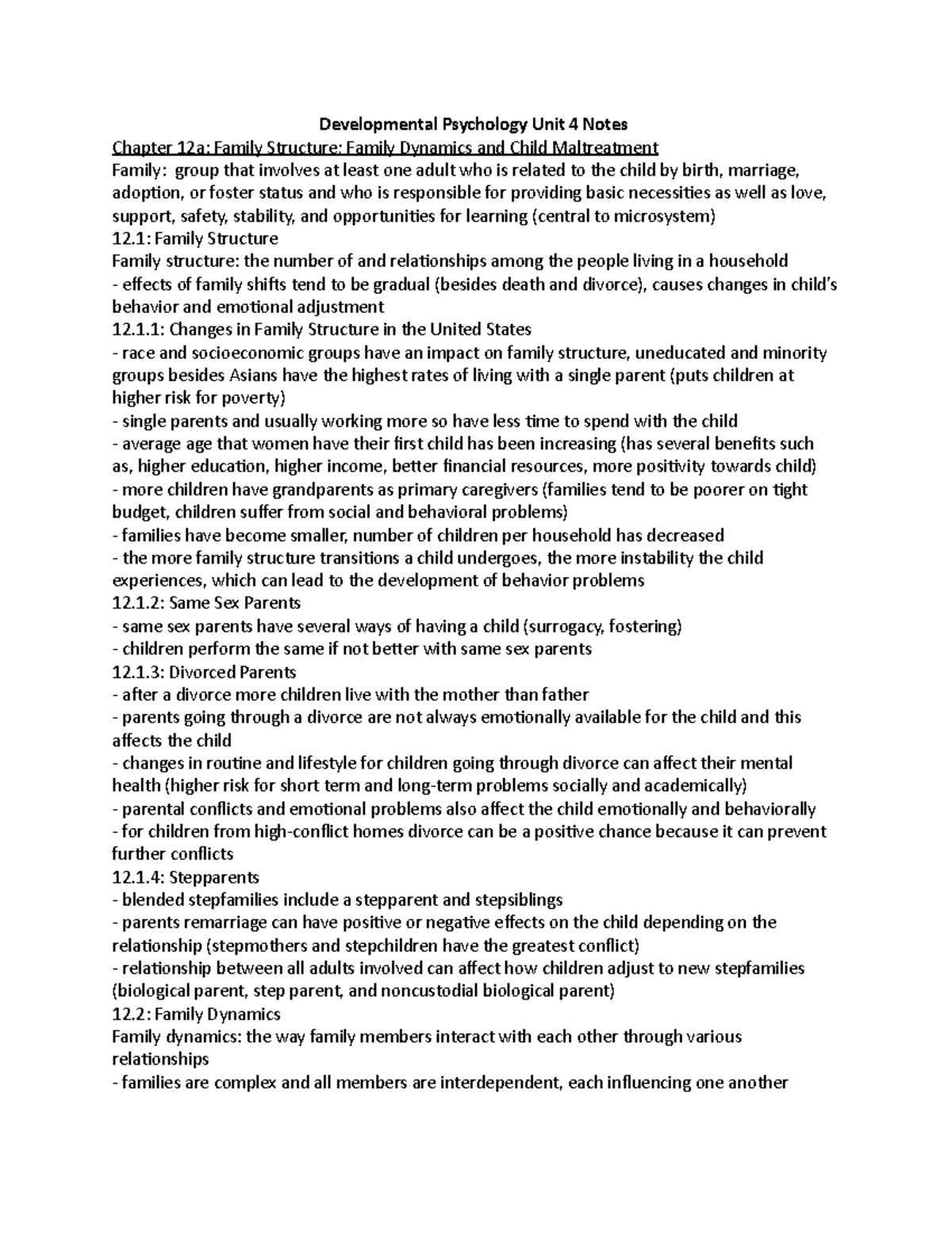 Developmental Psychology Unit 4 Notes - 1: Changes in Family Structure ...