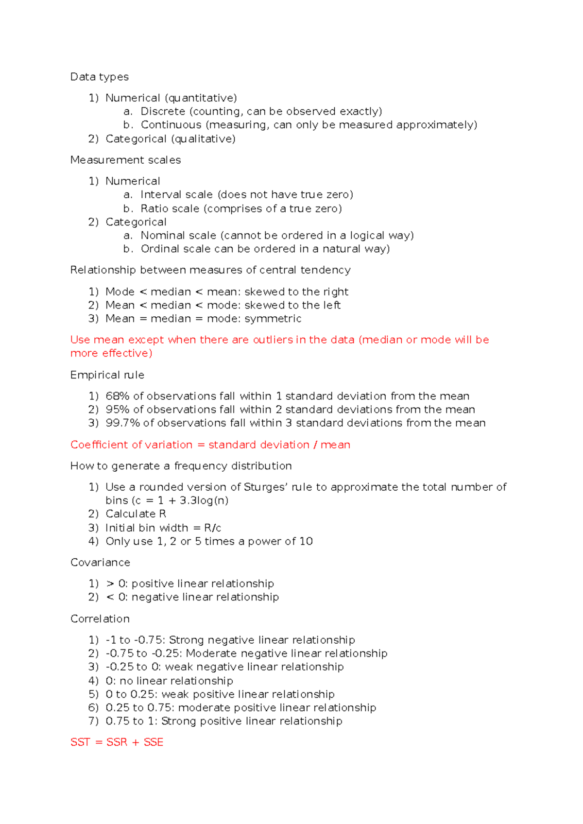 Notes chapter 1 - Data types 1) Numerical (quantitative) a. Discrete ...