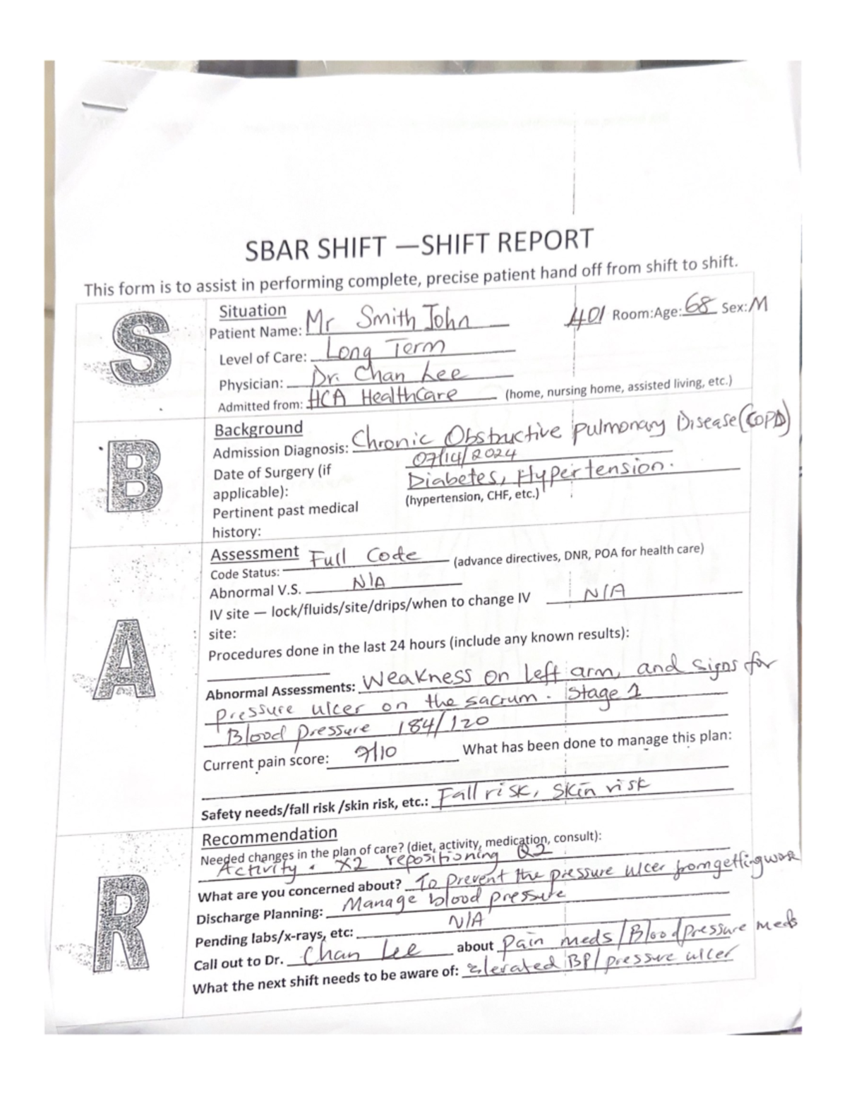SBAR Shift - Shift Report - SBAR SHIFT SHIFT REPORT This form is to ...