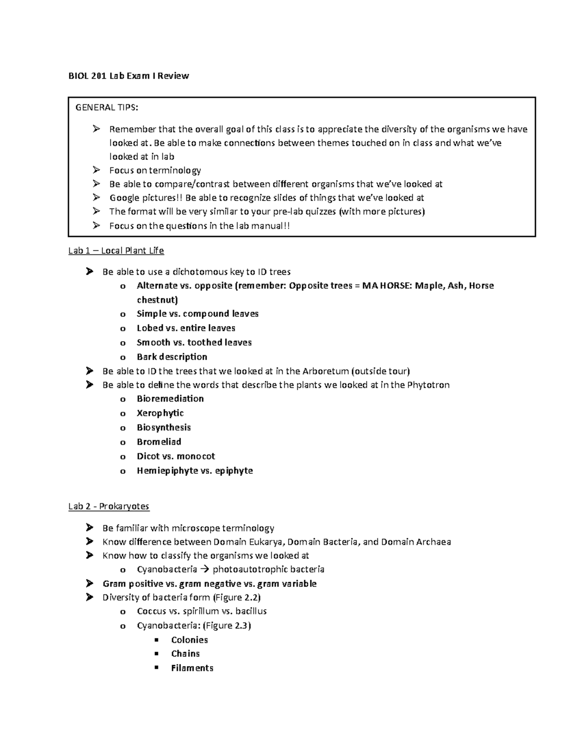 BIOL 201 Lab Exam Review - BIOL 201 Lab Exam I Review Lab 1 – Local ...