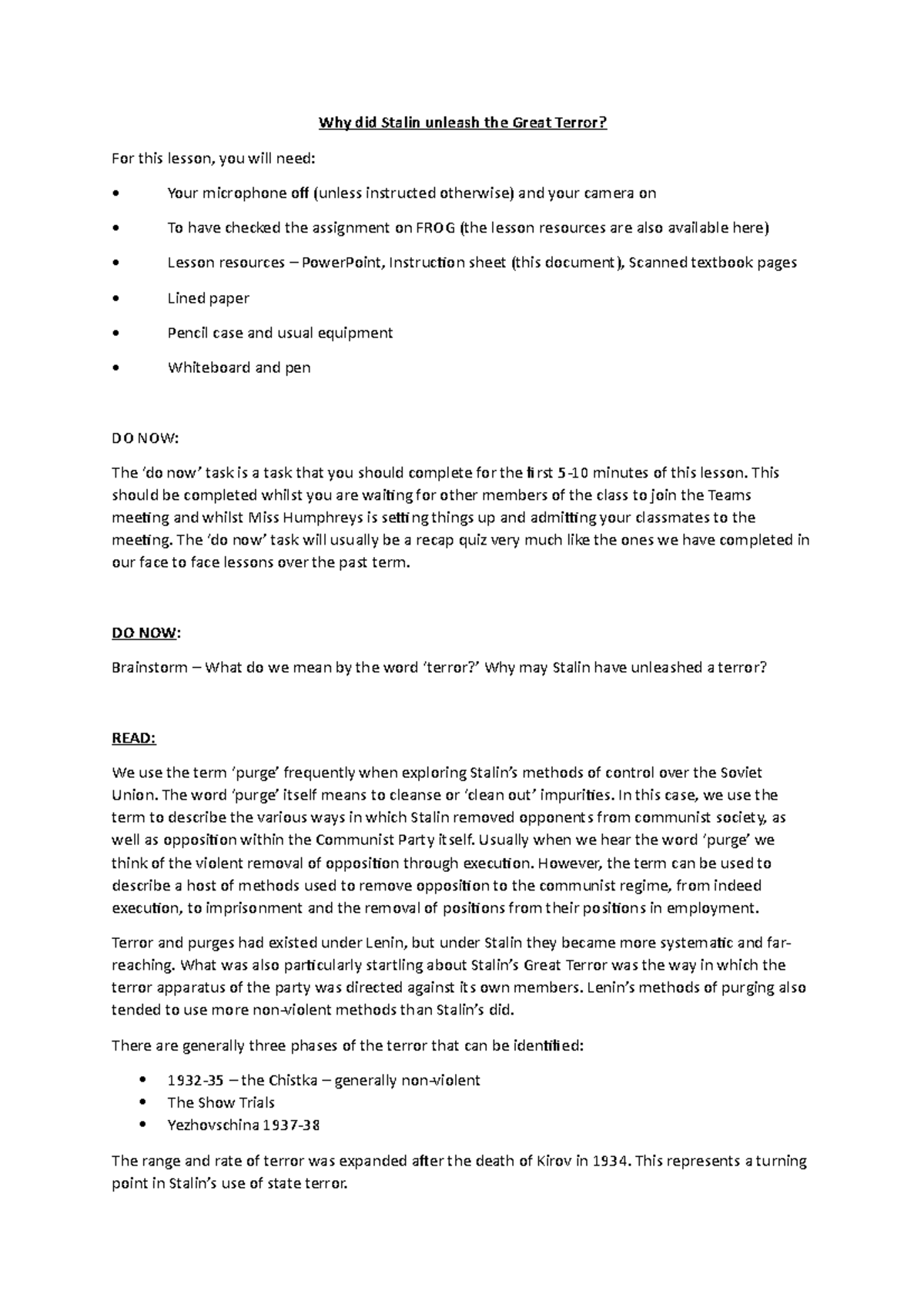 Terror 3 - Why did Stalin unleash the Great Terror? For this lesson ...