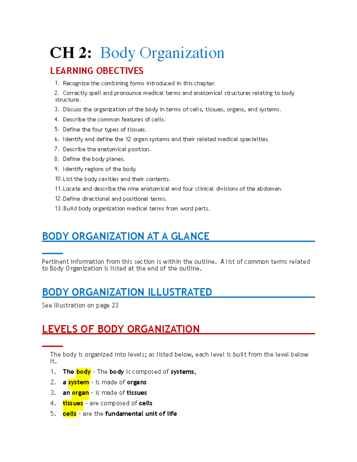 CH 2 BODY Organization CH 2 Body Organization LEARNING OBECTIVES 1 