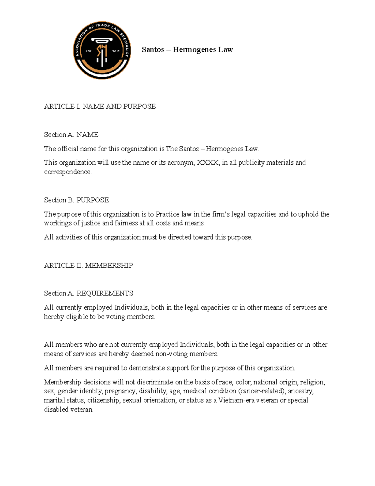 Sample By- Laws - Notes - Santos – Hermogenes Law ARTICLE I. NAME AND ...