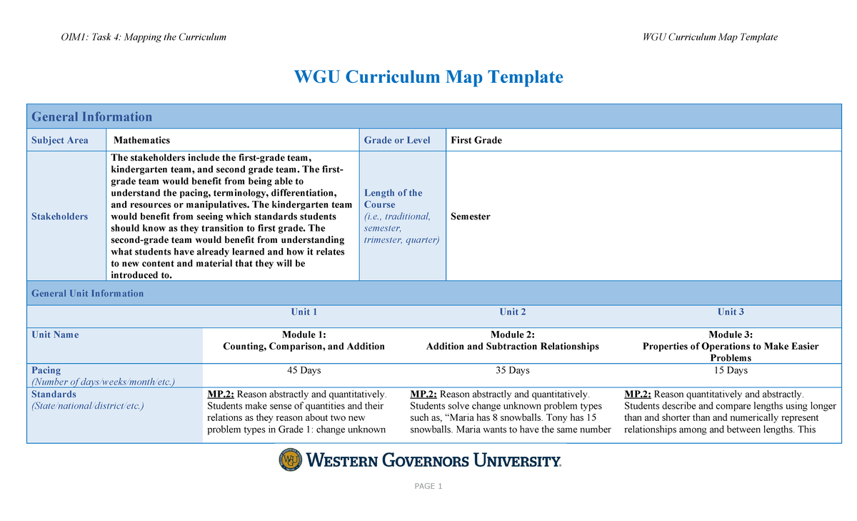 D183 Task 4 - Task 4 - WGU Curriculum Map Template General Information ...