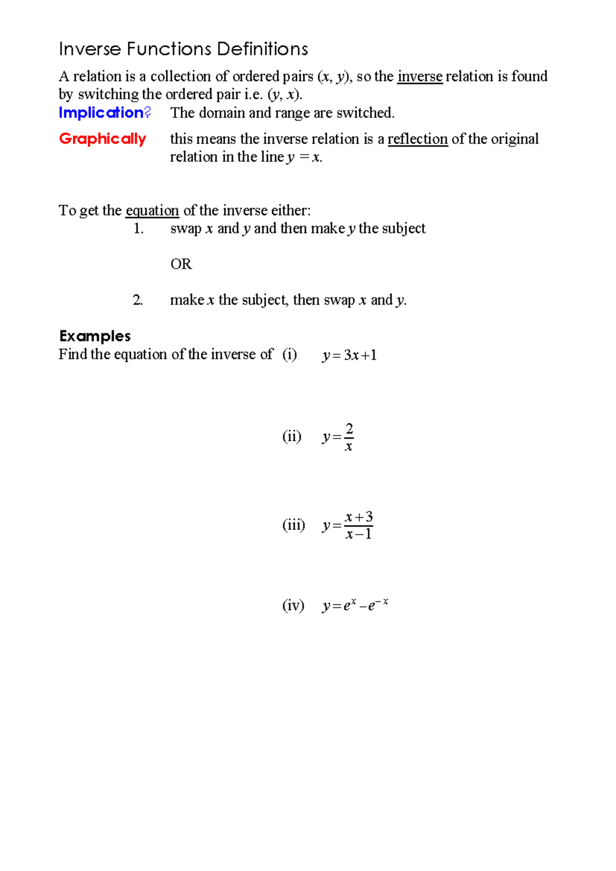 IF 1 Inverse Definitions - Inverse Functions Definitions A relation is ...