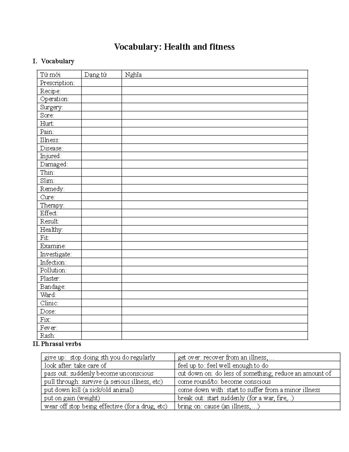 Vocabulary - đăng lên lấy premium - Vocabulary: Health and fitness I ...