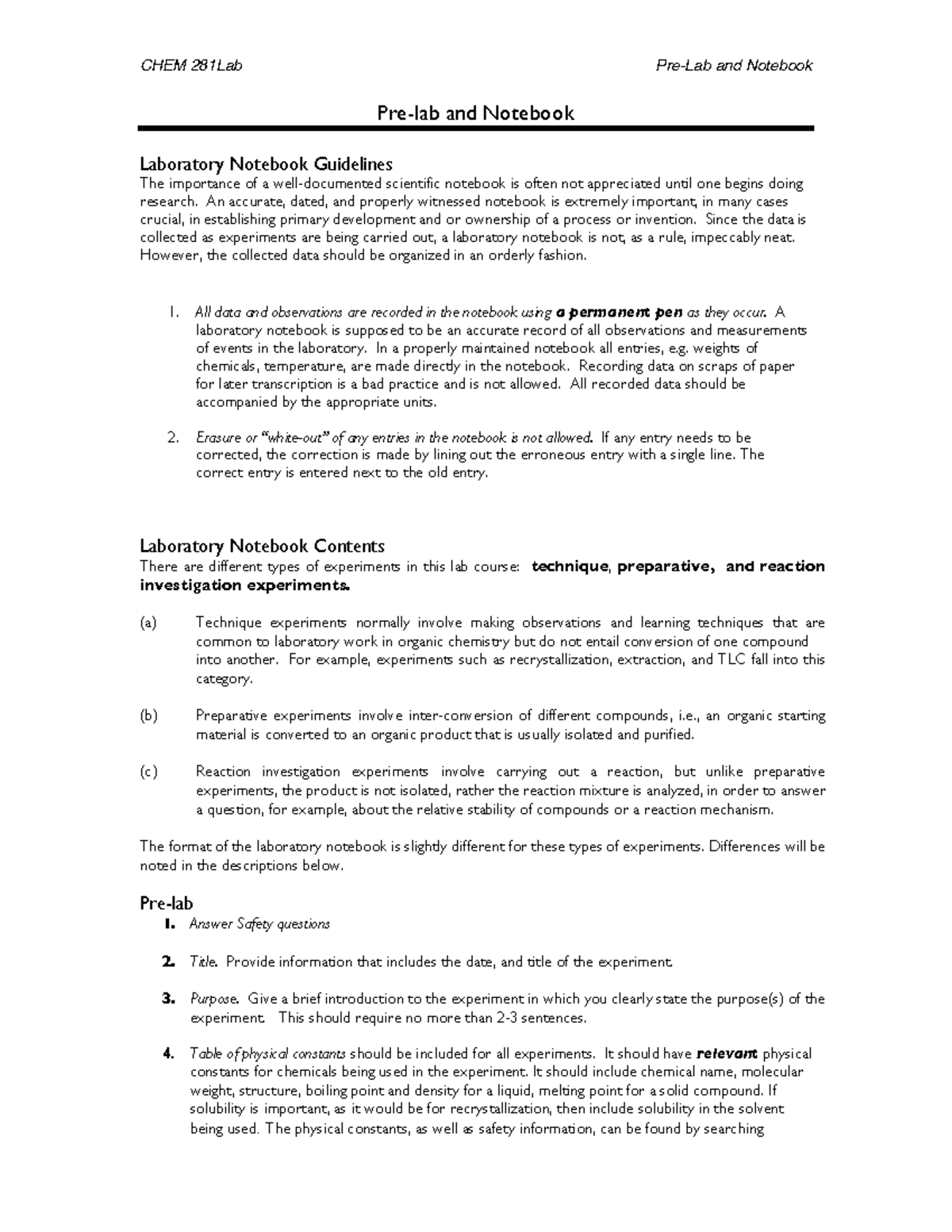 Pre-lab and Notebook Guidelines - CHEM 281 Lab Pre-Lab and Notebook Pre ...