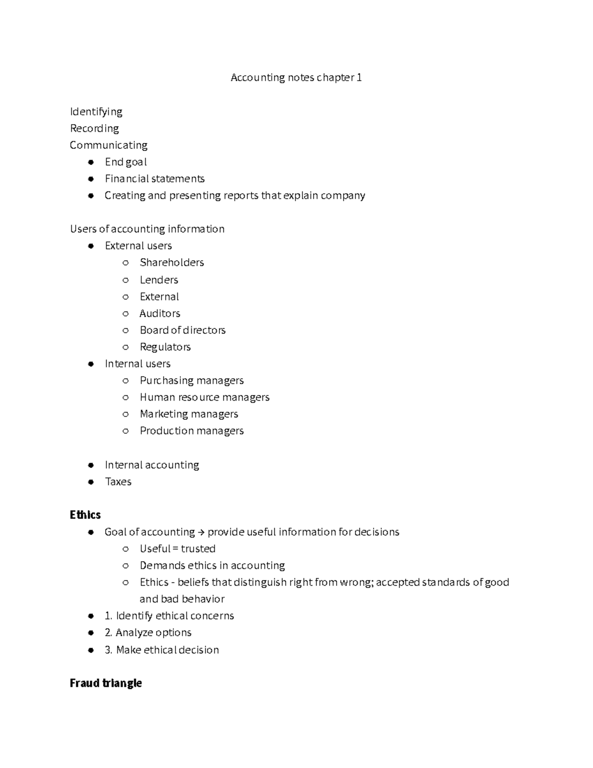 Acct notes chapter 1 - Accounting notes chapter 1 Identifying Recording ...