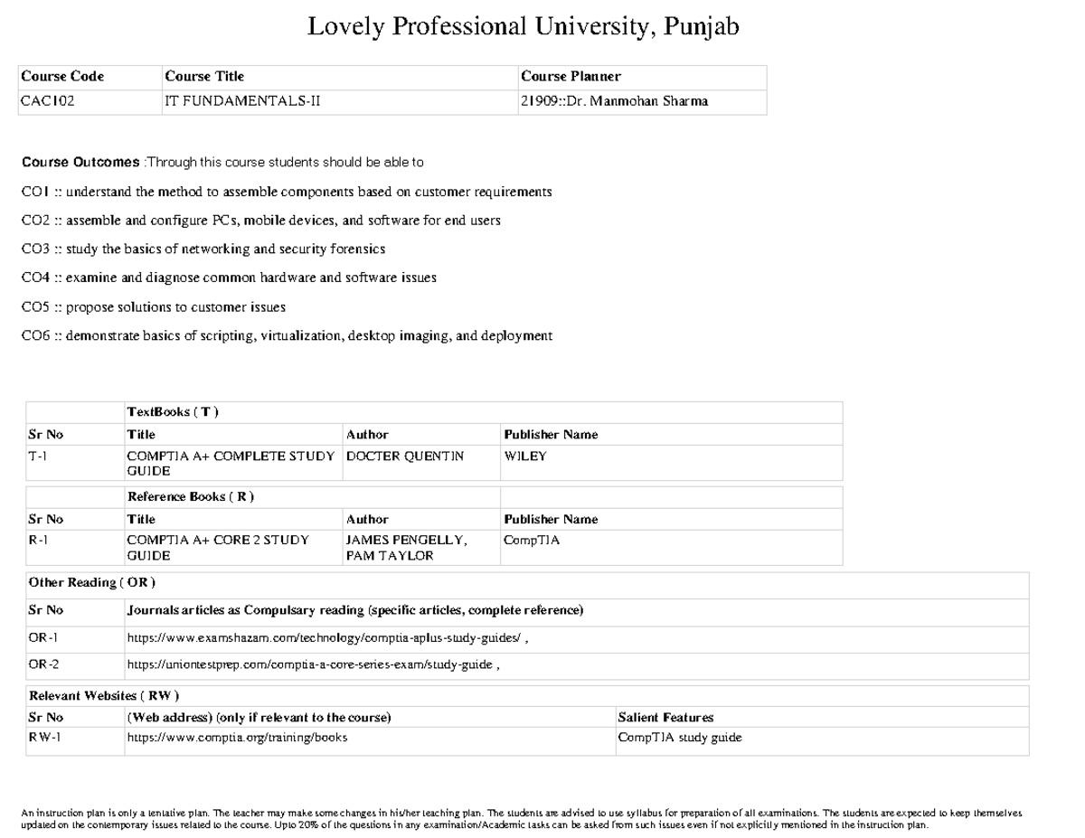(CAC102) Course Plan - Lovely Professional University, Punjab Course ...