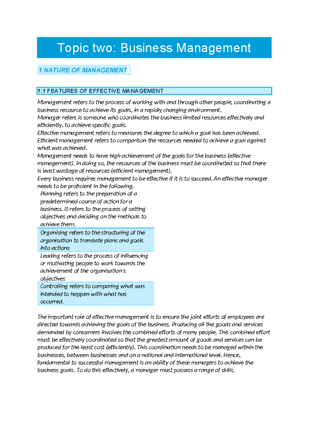 Business Management Notes - Topic two: Business Management 1 NATURE OF ...