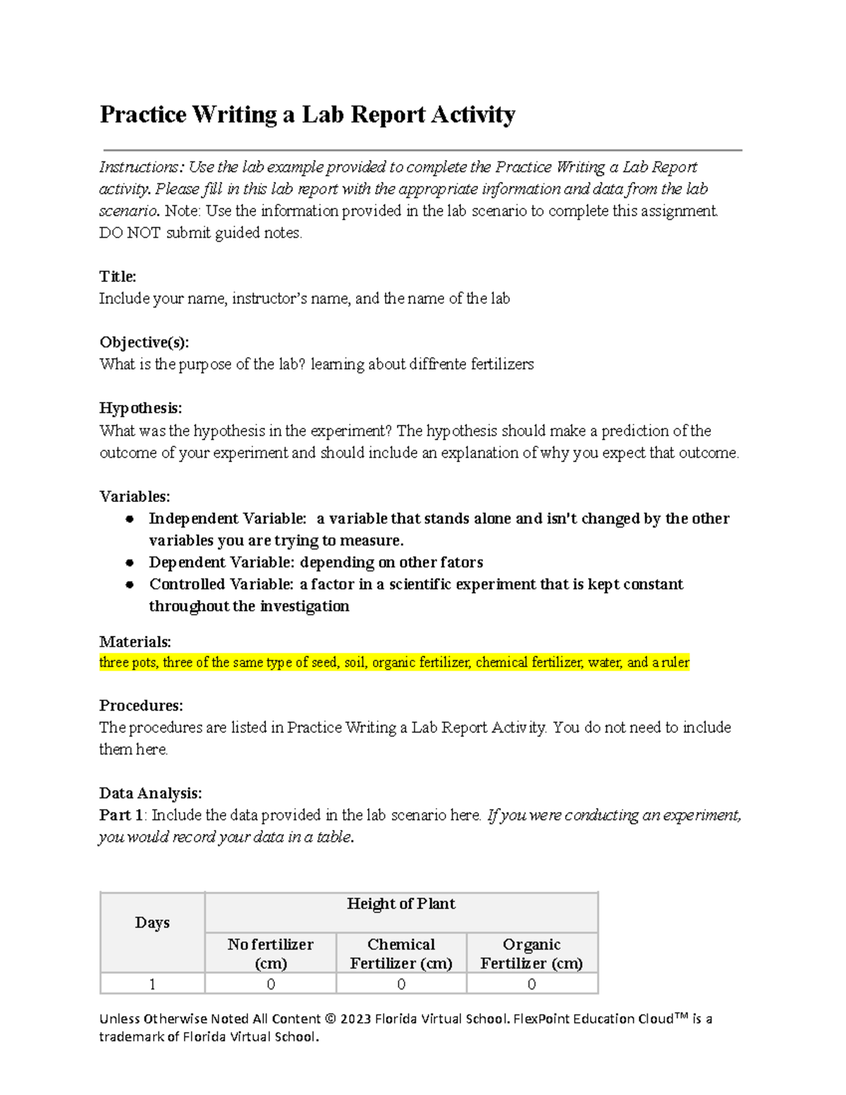 Practice writing a lab report 1 - Practice Writing a Lab Report ...