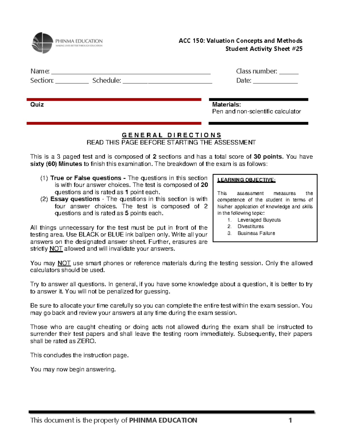 SAS#25-ACC150 - QUIZ - Assessment quiz. - ACC 150: Valuation Concepts ...