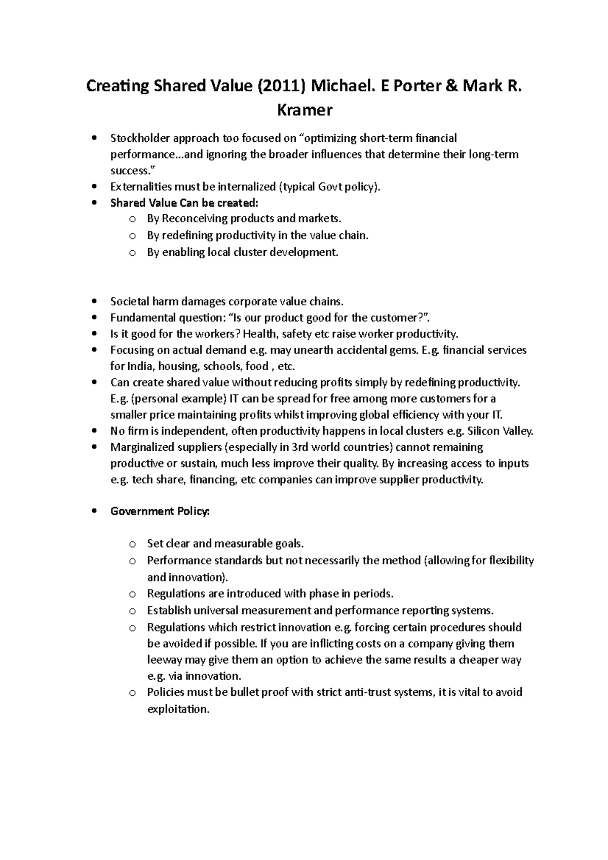 Micheal E.Porter & Mark R.Kramer(2011 )Creating Shared Value - Creating Shared Value (2011 ...