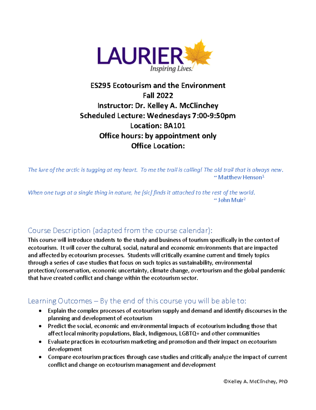 Course Syllabus ES295 2022 September 14 - ES295 Ecotourism and the ...