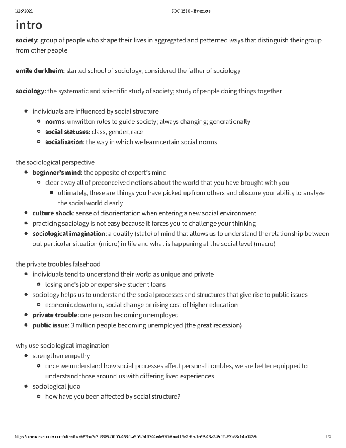 Intro - Lecture notes 1 - 1/26/2021 SOC 1510 - Evernote - Studocu