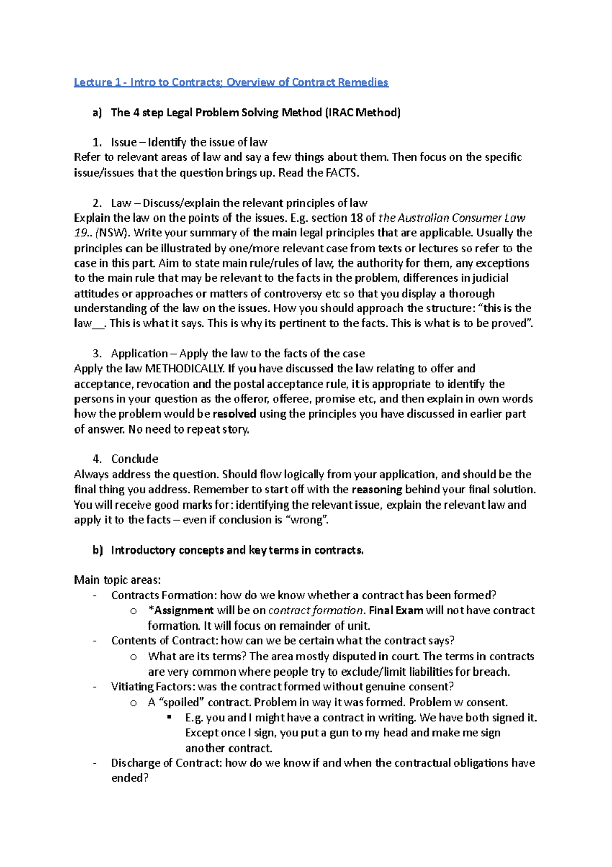 Lecture Notes All Lecture 1 Intro To Contracts Overview Of Contract Remedies A The 4 Step