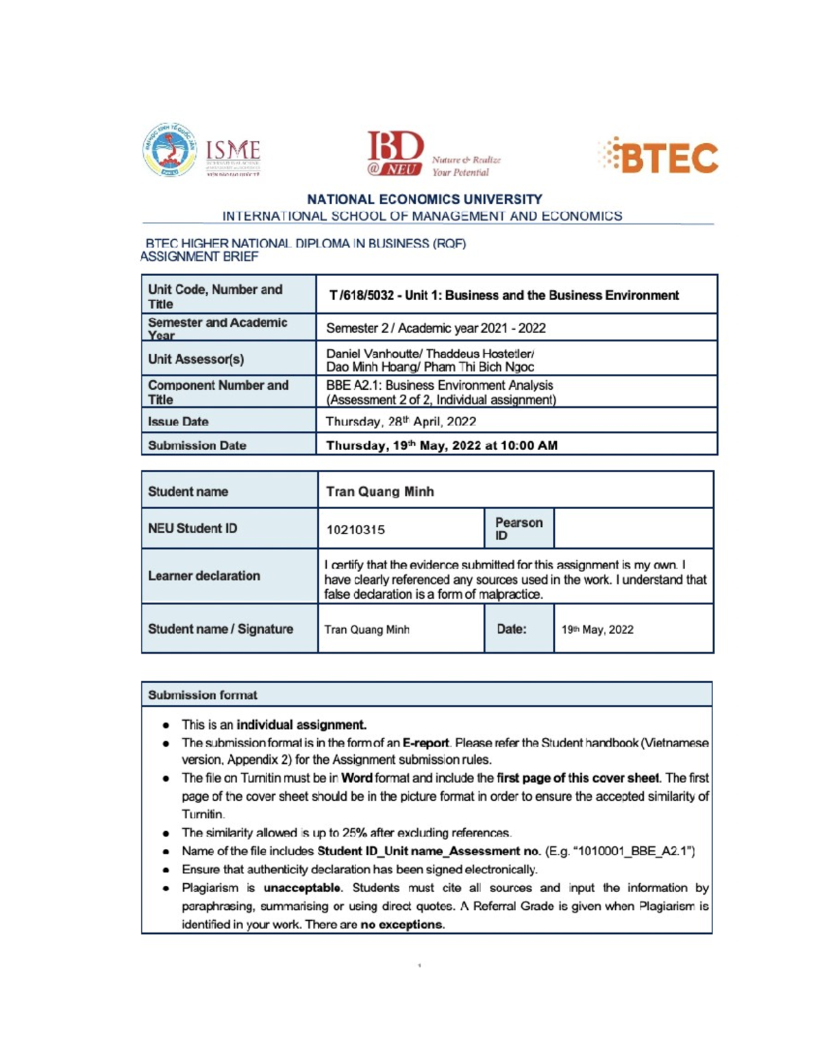 10210315 BBE A2 - BBE assignment - Table of Contents I. - Studocu
