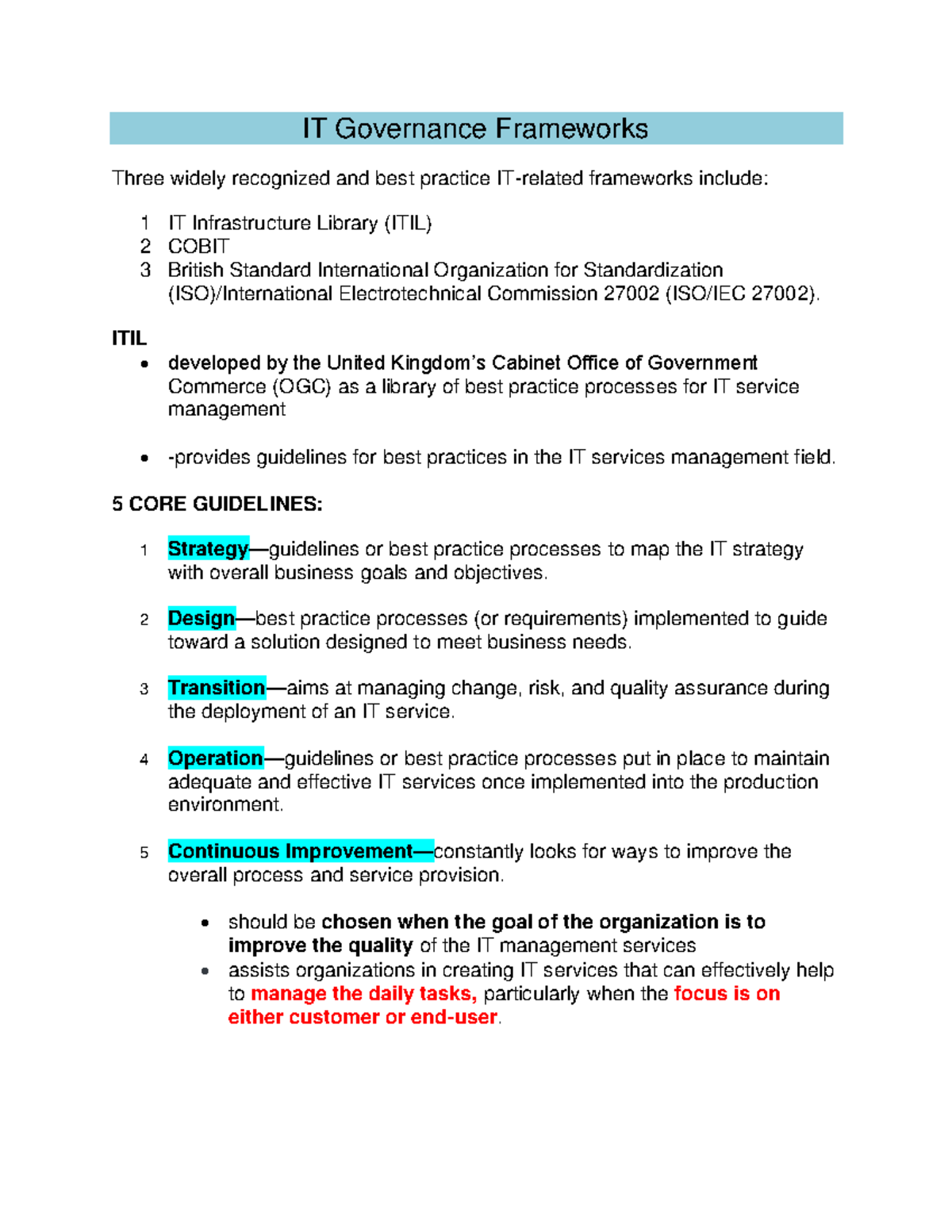 (CIS) IT Governance Frameworks - IT Governance Frameworks Three widely ...