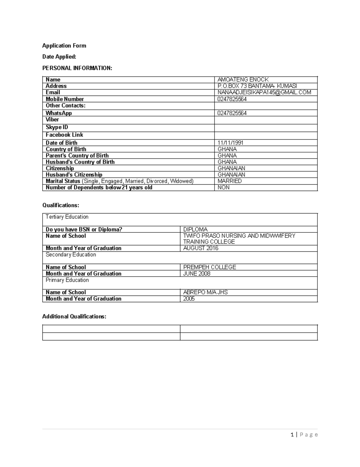 USA - Not authentic - Application Form Date Applied: PERSONAL ...
