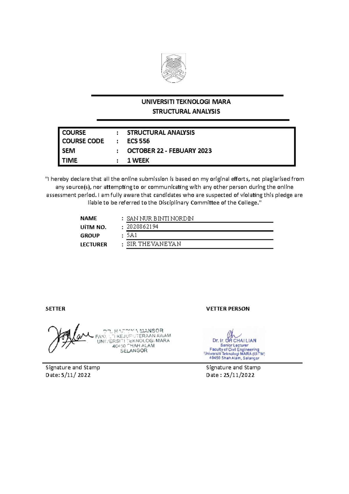 ECS556 Structural Analysis Assignement Question Final - UNIVERSITI TEKNOLOGI MARA STRUCTURAL ...