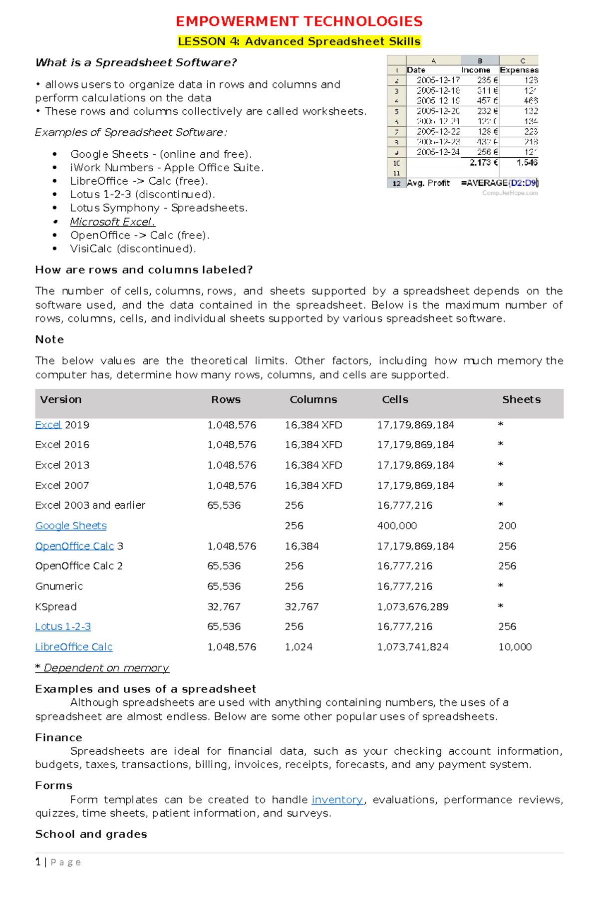 Lesson 4 - Academic notes - LESSON 4: Advanced Spreadsheet Skills What ...