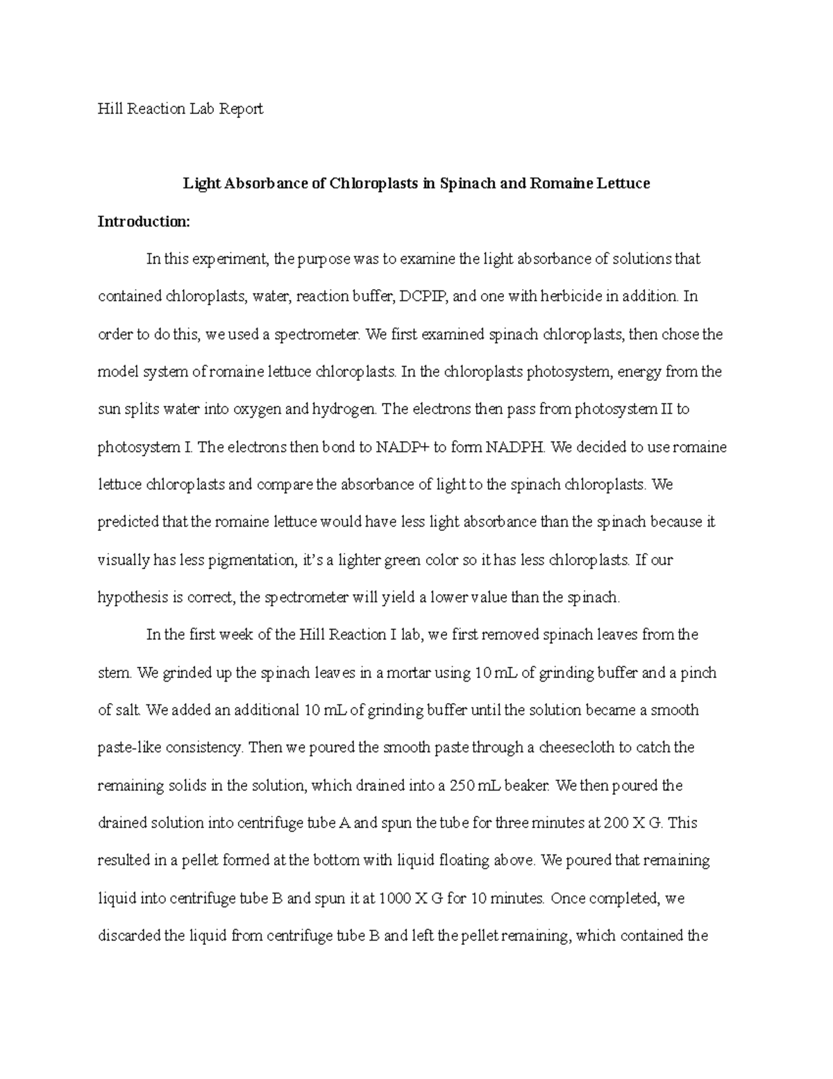 Hill Reaction Lab Report - Hill Reaction Lab Report Light Absorbance of ...