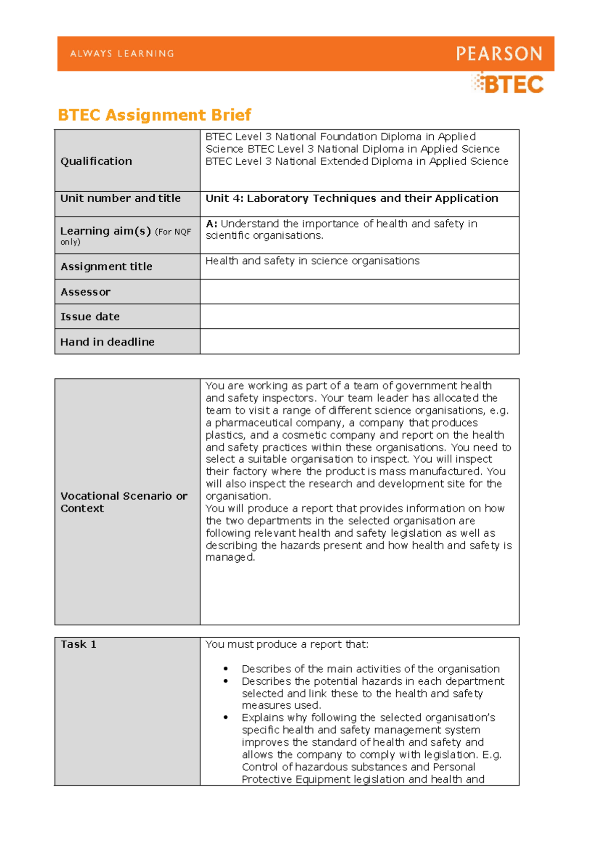 Authorised Assignment Brief for Learning Aim A - Unit 4 Laboratory Techniques and their ...