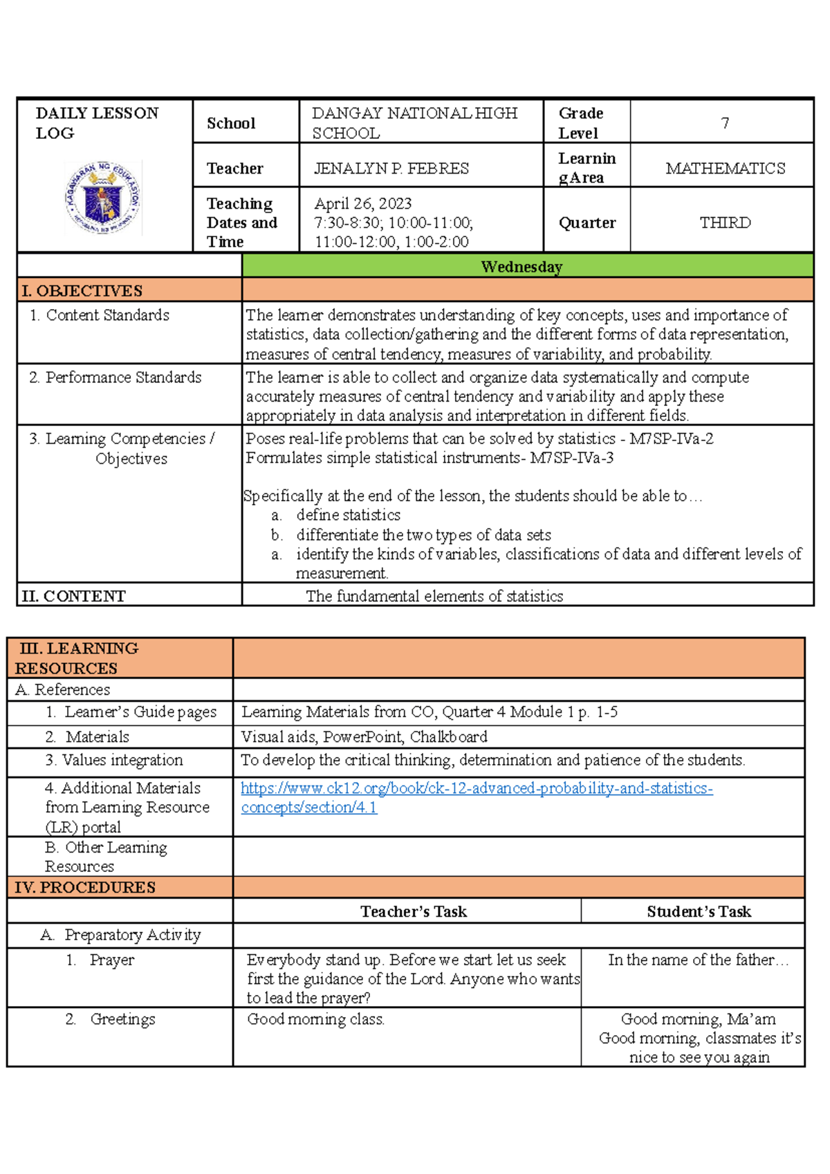 Math Lesson Plan - DAILY LESSON LOG School DANGAY NATIONAL HIGH SCHOOL ...
