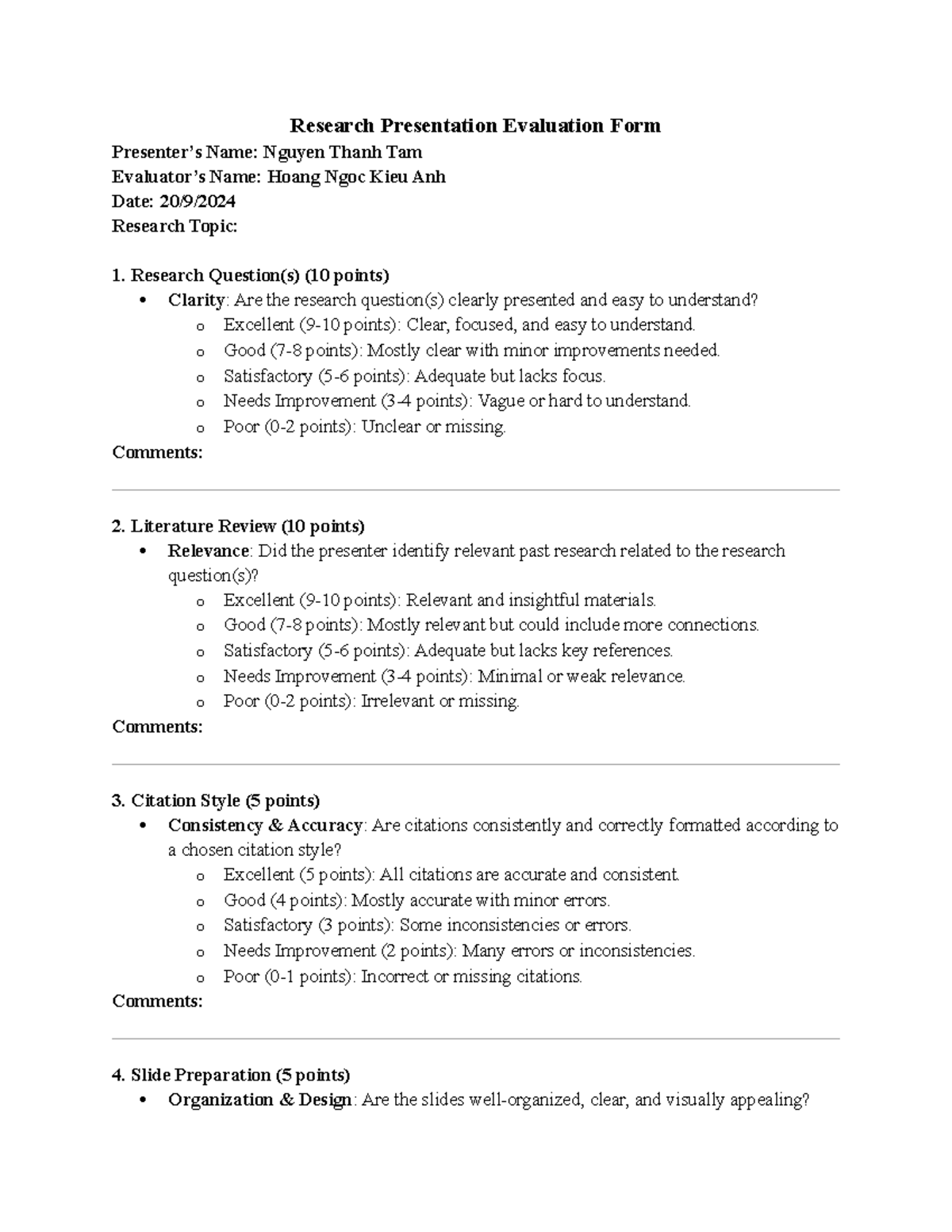 Evaluation Form - IT đó - Research Presentation Evaluation Form ...
