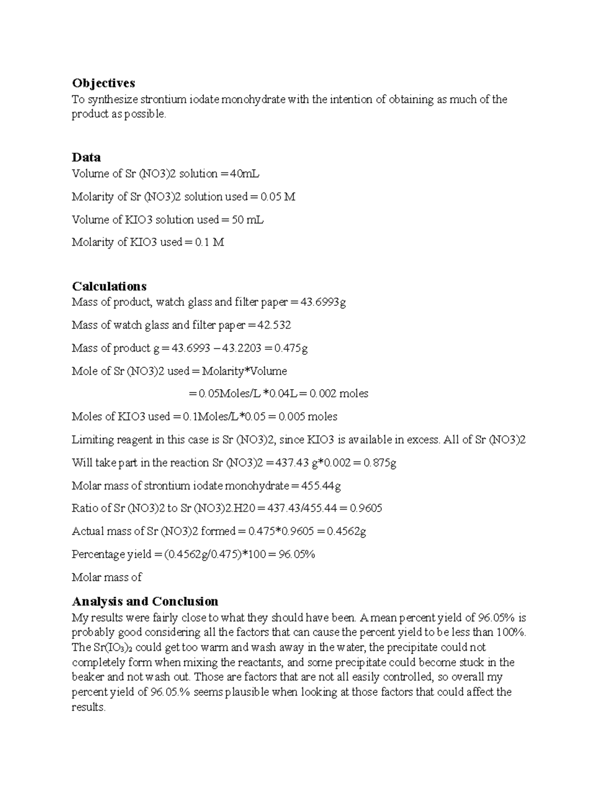 Synthesis of stontium Iodate monohydrate Lab - Objectives To synthesize ...