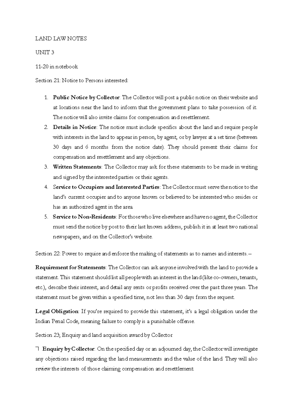 LAND LAW Notes - LAND LAW NOTES UNIT 3 11 - 20 in notebook Section 21 ...