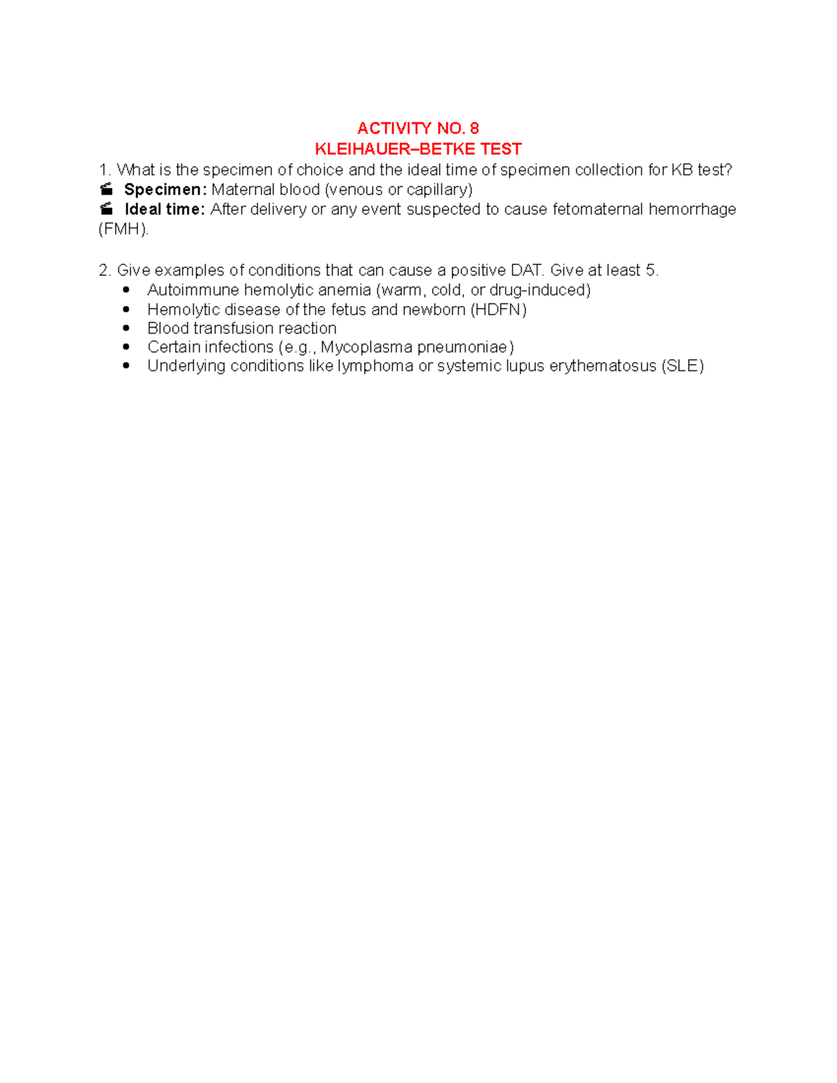 Kleihauer Betke - Act. 8 #2 - ACTIVITY NO. 8 KLEIHAUER–BETKE TEST What ...