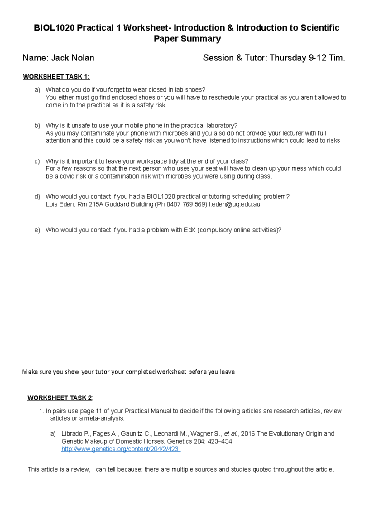 Prac 1 Worksheet BIOL1020 Practical 1 Worksheet Introduction 