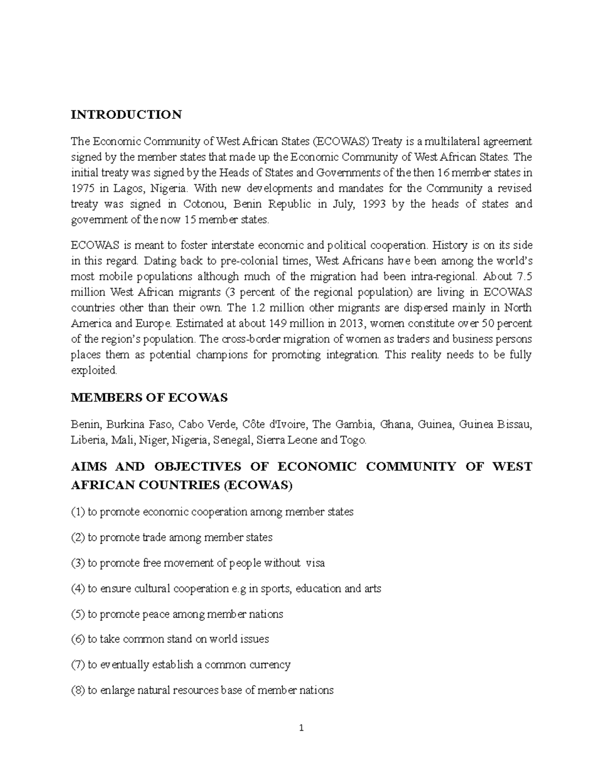 Assignment ecowas - GEO THOUGH - INTRODUCTION The Economic Community of ...