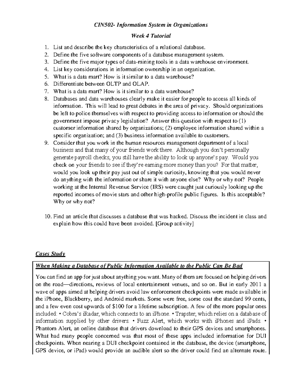 Week 4Tutorial - Cin502 - CIN502- Information System in Organizations ...