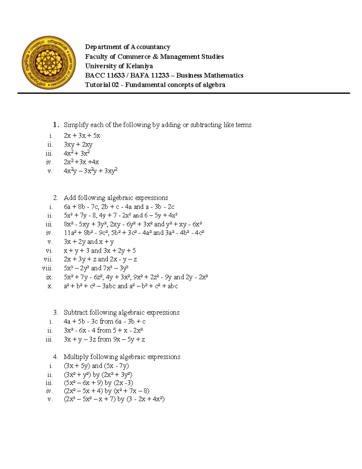 Tutorial 02 - Department of Accountancy Faculty of Commerce ...