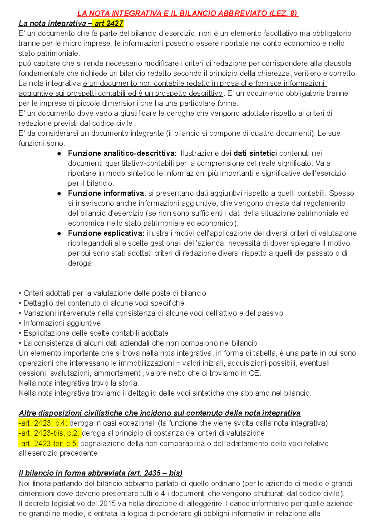 Lezione 8 - LA NOTA INTEGRATIVA E IL BILANCIO ABBREVIATO (LEZ. 8) La ...