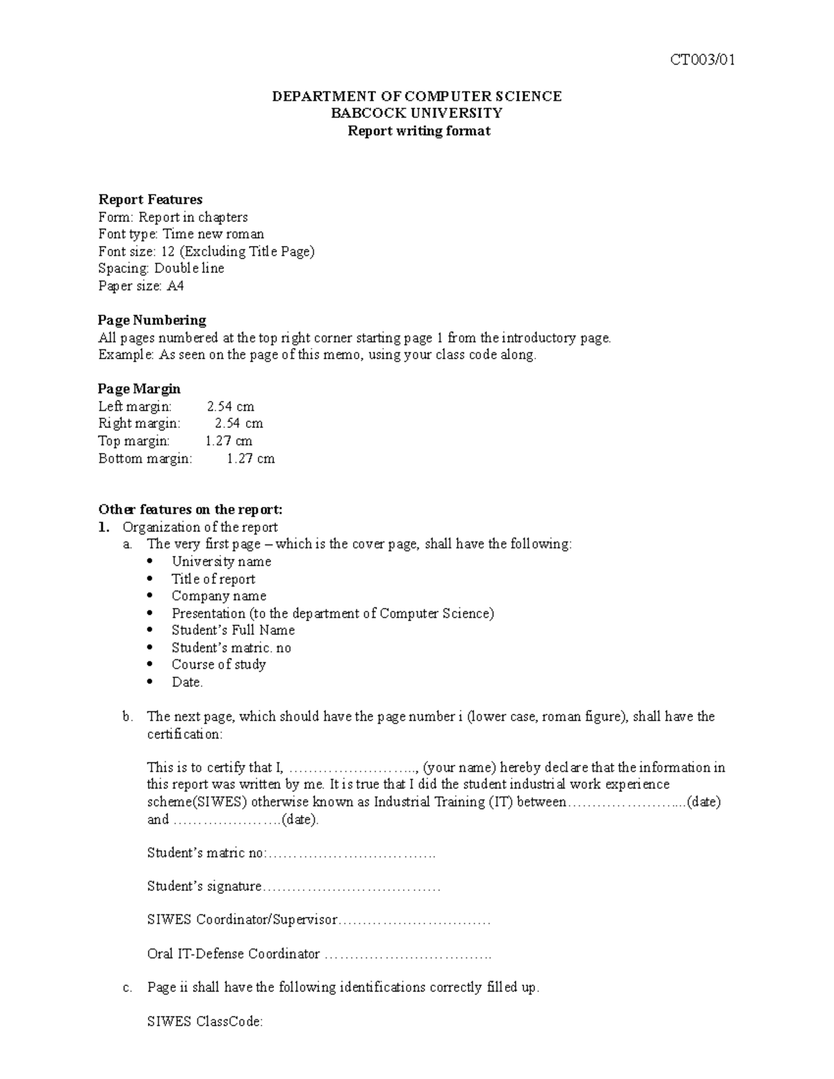 Report writing fomat - CT003/ DEPARTMENT OF COMPUTER SCIENCE BABCOCK ...